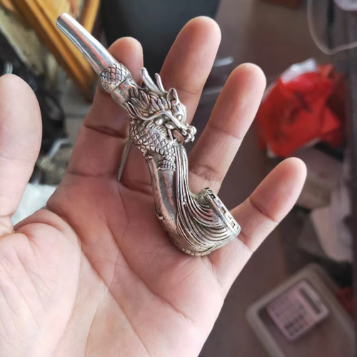 China Collectible Hand-carved Dragon Head Retro Tibetan Silver Tobacco ...