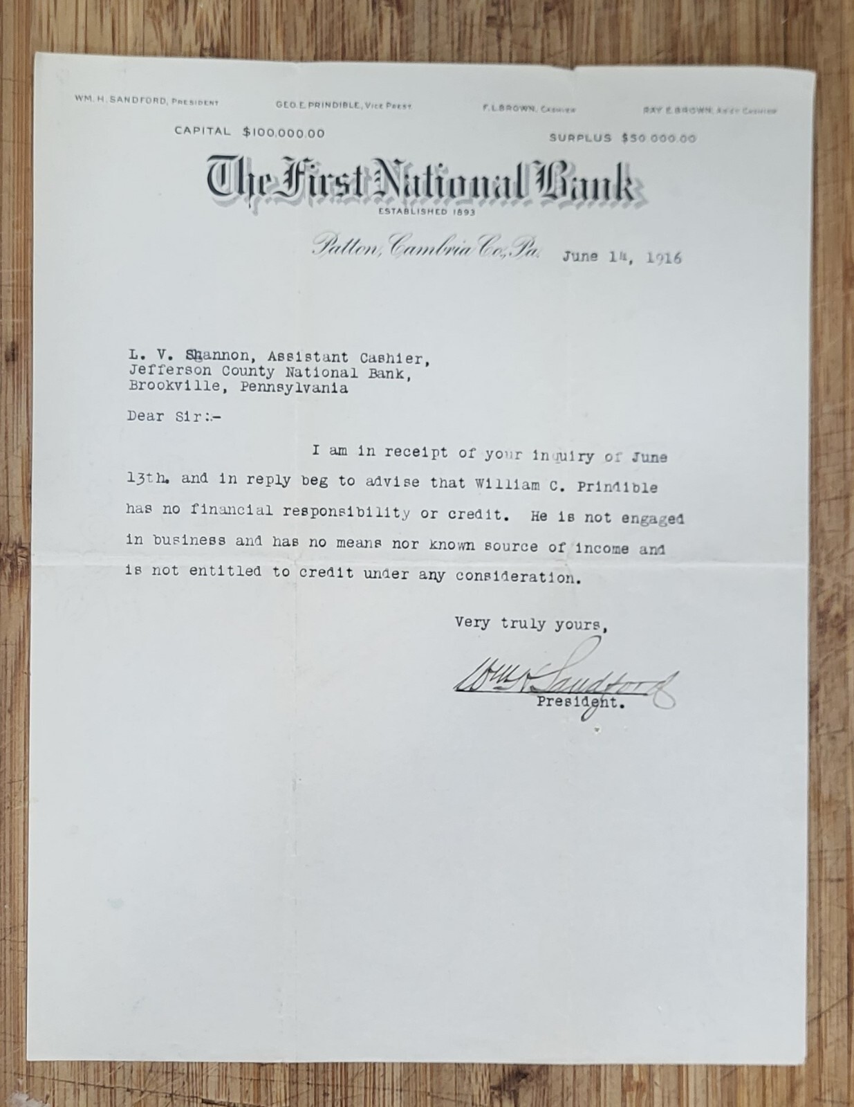 Letterhead 1916 Pennsylvania Patton Cambria County First National Bank ...