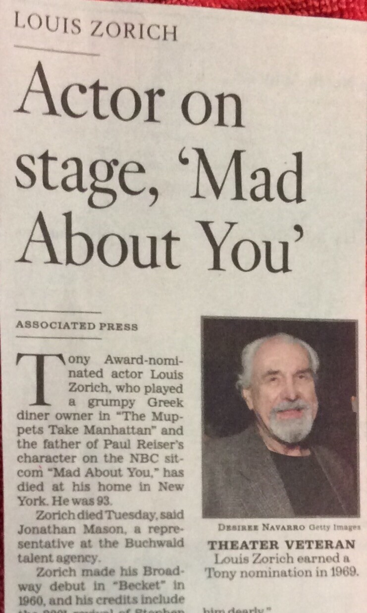LOUIS ZORICH 1924 - 2018 OBITUARY ACTOR ON STAGE MAD ABOUT YOU THEATRE ...