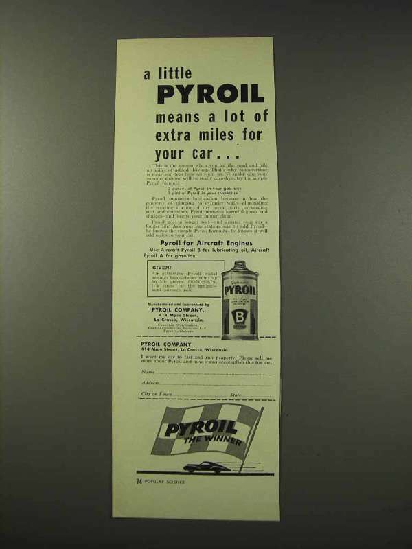 1949 Pyroil B Lubricating Oil Ad - Lot of Extra Miles | eBay