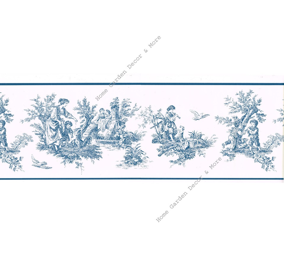 BLUE White Colonial Toile Victorian Wallpaper Border 10.25" Wide x 15 ...