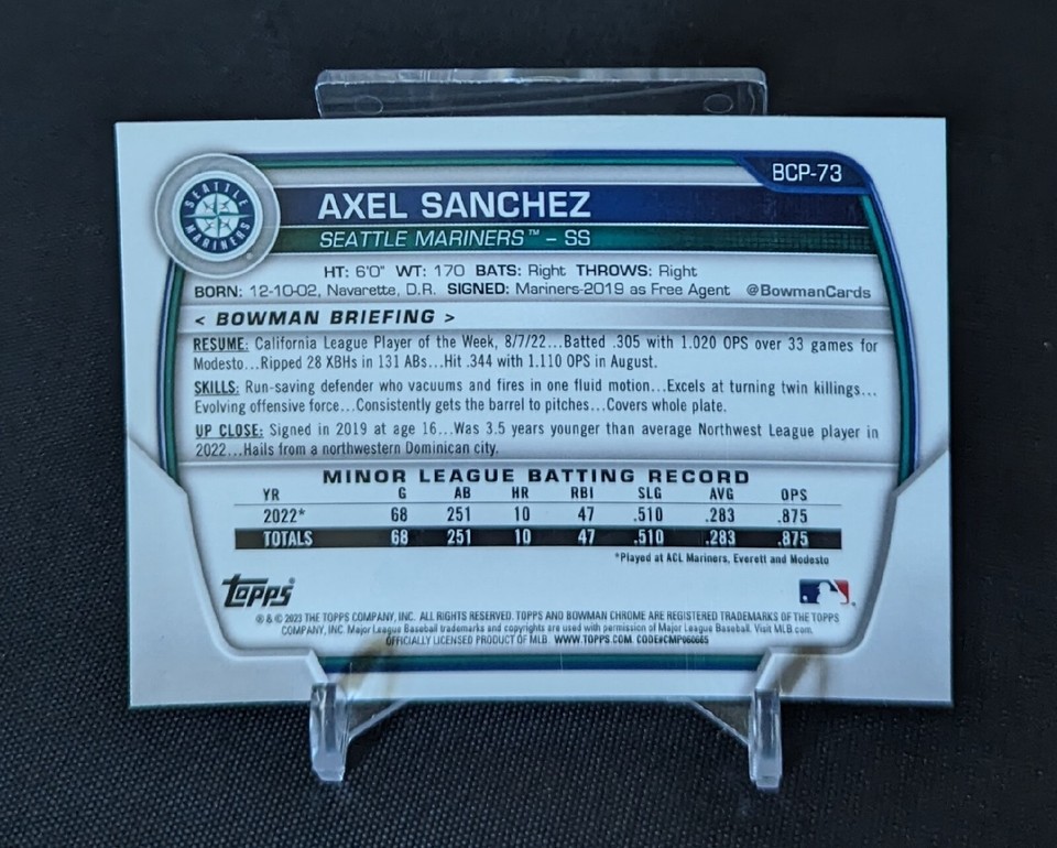 Axel Sanchez 1st Chrome Rookie Card RC 2023 Bowman Prospects BCP-73 ...