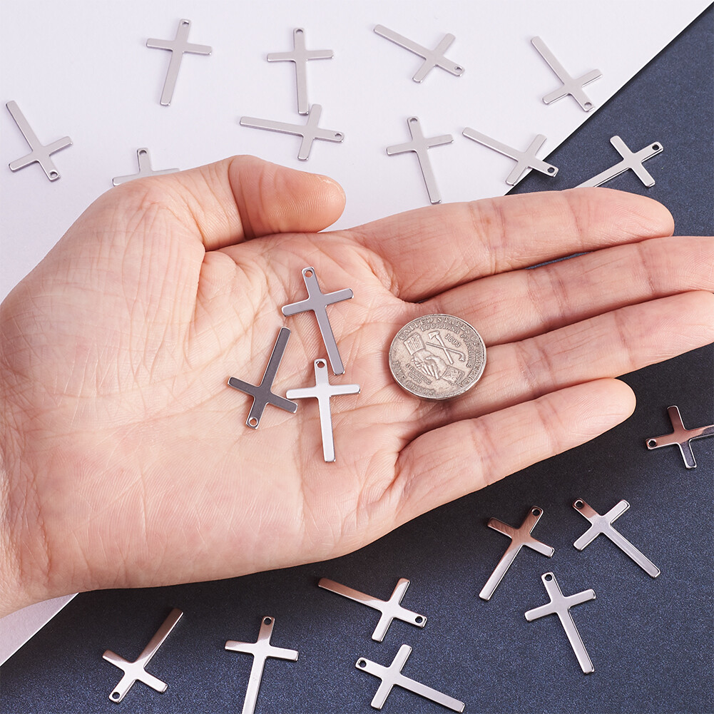 100pcs 304 Stainless Steel Cross Pendants Smooth Mini Metal Charms ...