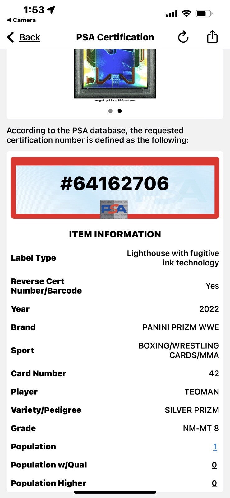 2022 Panini Prizm WWE Teoman Silver #42 RC Rookie PSA 8 POP 1 NXT WWF ...