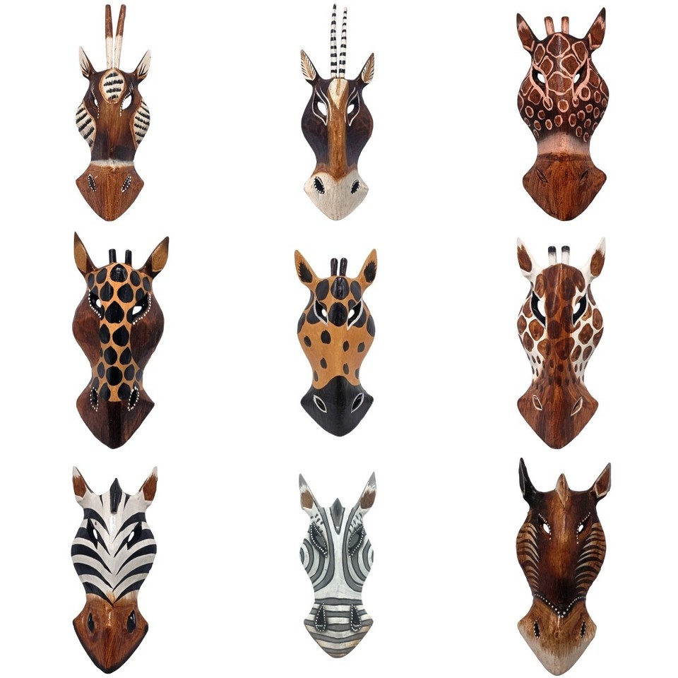 Safari Animal Wood Mask Brown Giraffe Horse Antelope Carving Wall ...