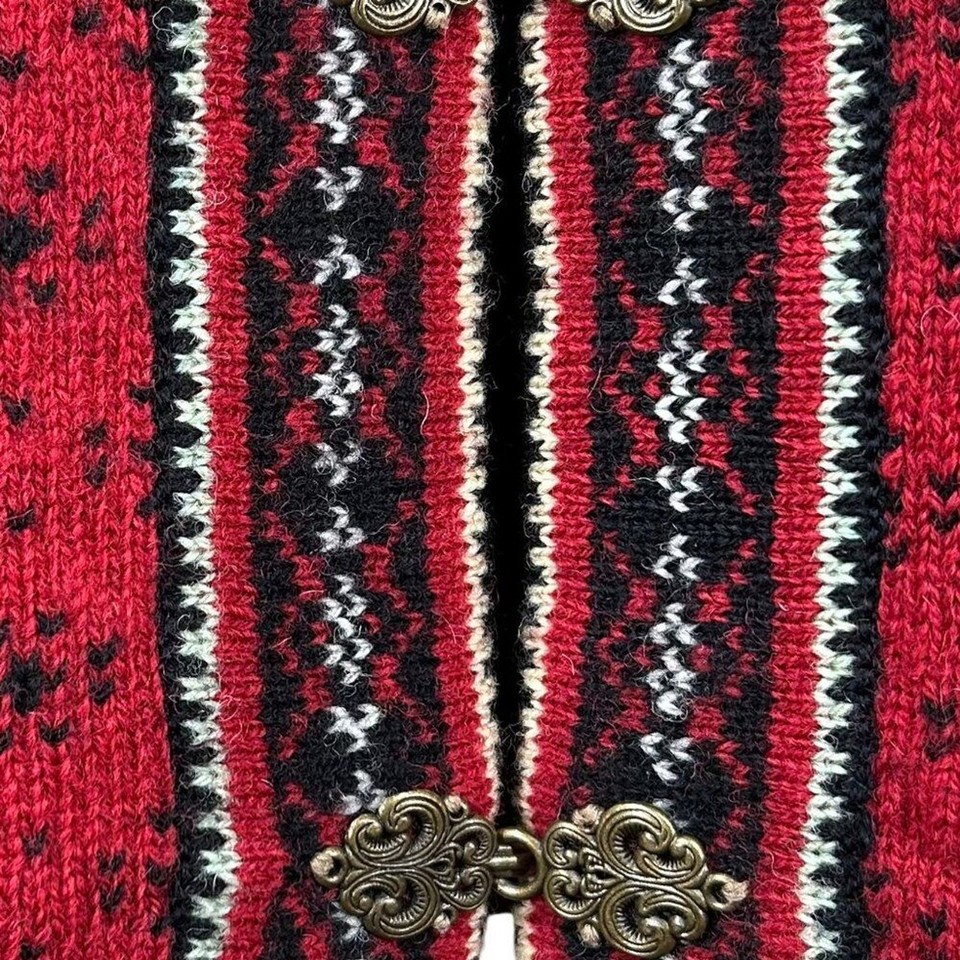 Carroll Reed Red Black Fair Isle Wool Metal Clasp Nordic Cardigan ...