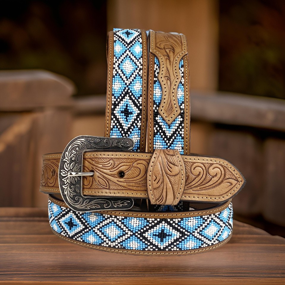 Beaded Western Belt Cowboy Rodeo Full Grain Leather Hand Tooled ...