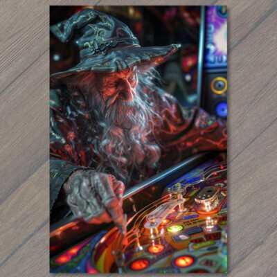 POSTCARD Wizard Playing Pinball In Arcade Weird Strange Unusual Funny ...