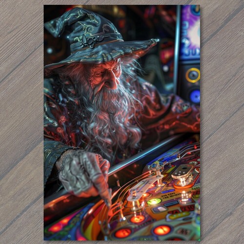 POSTCARD Wizard Playing Pinball In Arcade Weird Strange Unusual Funny ...