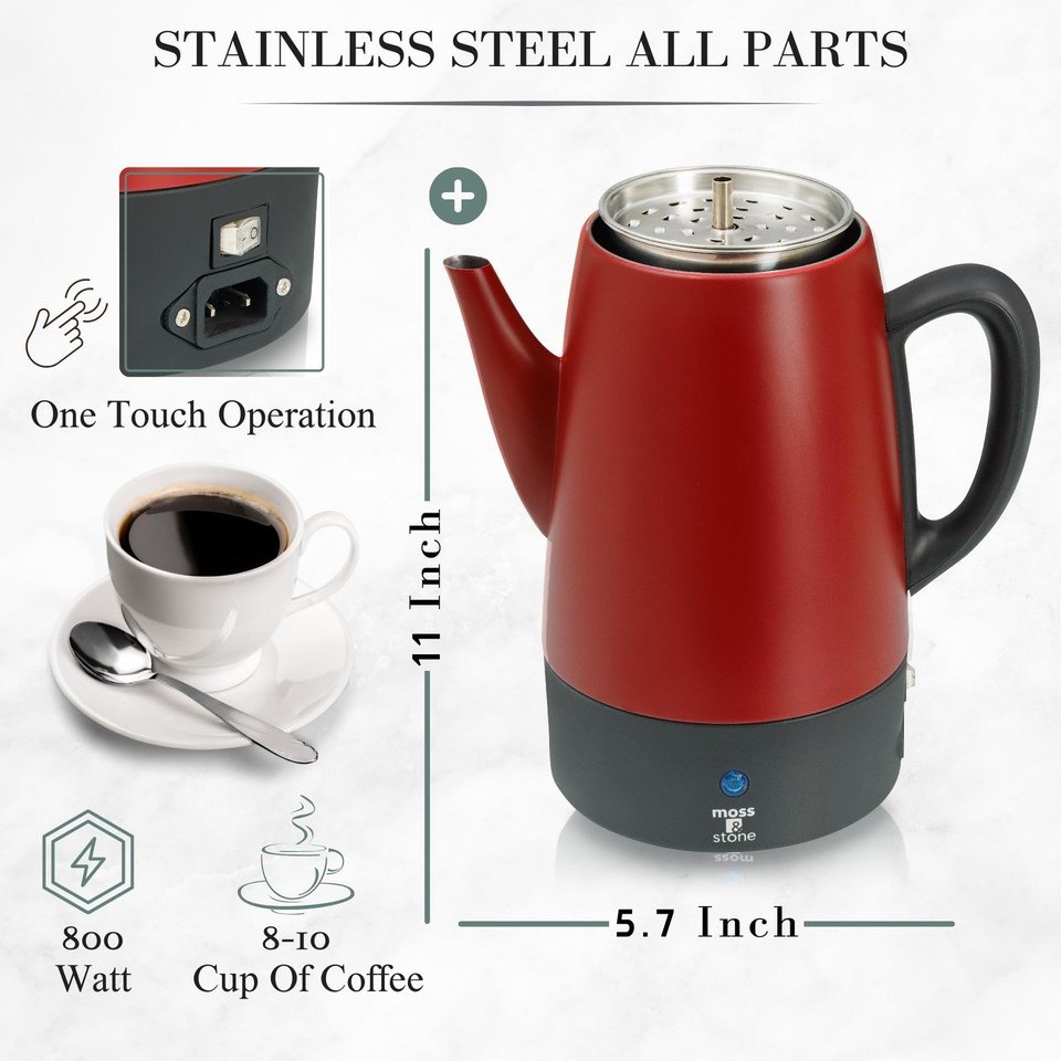Electric Coffee Percolator – Red Body Coffee Maker with Stainless Steel ...