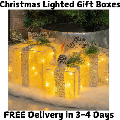 Set of 3 Christmas Lighted Gift Boxes Pre-lit 60 LED Light Up Present ...