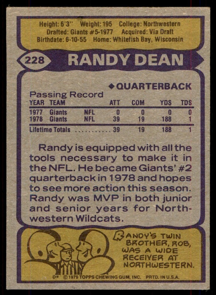 1979 TOPPS RANDY DEAN NEW YORK GIANTS #228 | eBay
