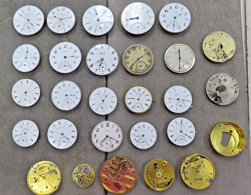 LOT ANTIQUE POCKET WATCH MOVEMENTS, HAMILTON WALTHAM, INGERSOLL TISSOT ...
