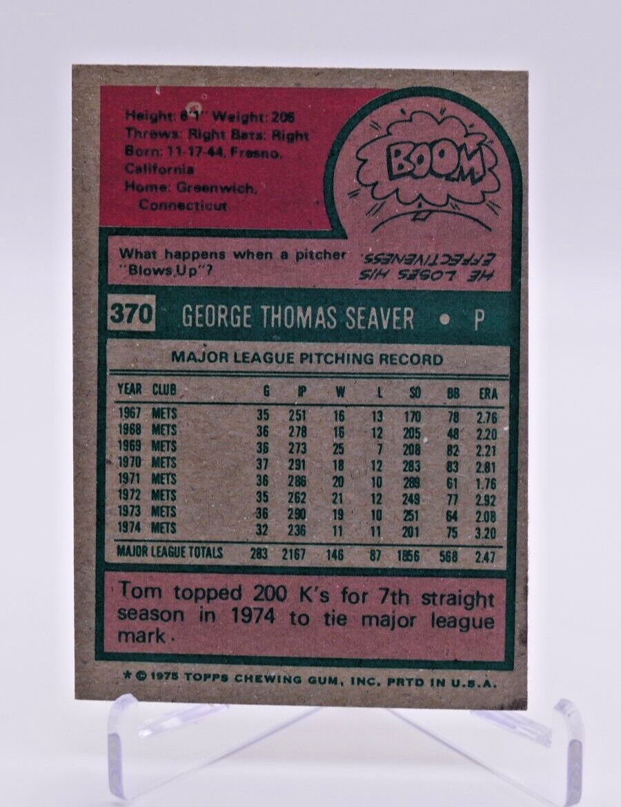 1975 Topps #370 Tom Seaver ~ New York Mets ~ Hall of Fame (HOF) ~ Very ...
