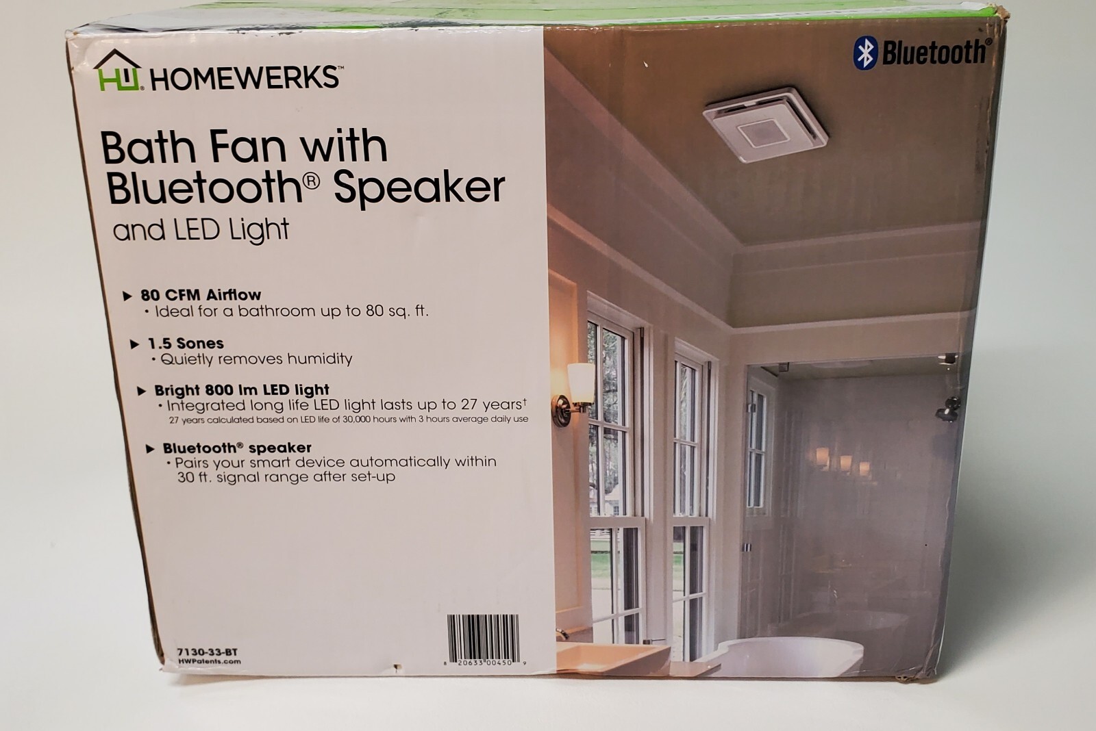 Homewerks BATH FAN w/ BLUETOOTH SPEAKER & LED Light White 7130-33-BT ...