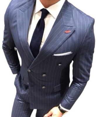 Designer Two Rows of Buttons Suit Blue White Pinstripe Fitted Slim Fit ...