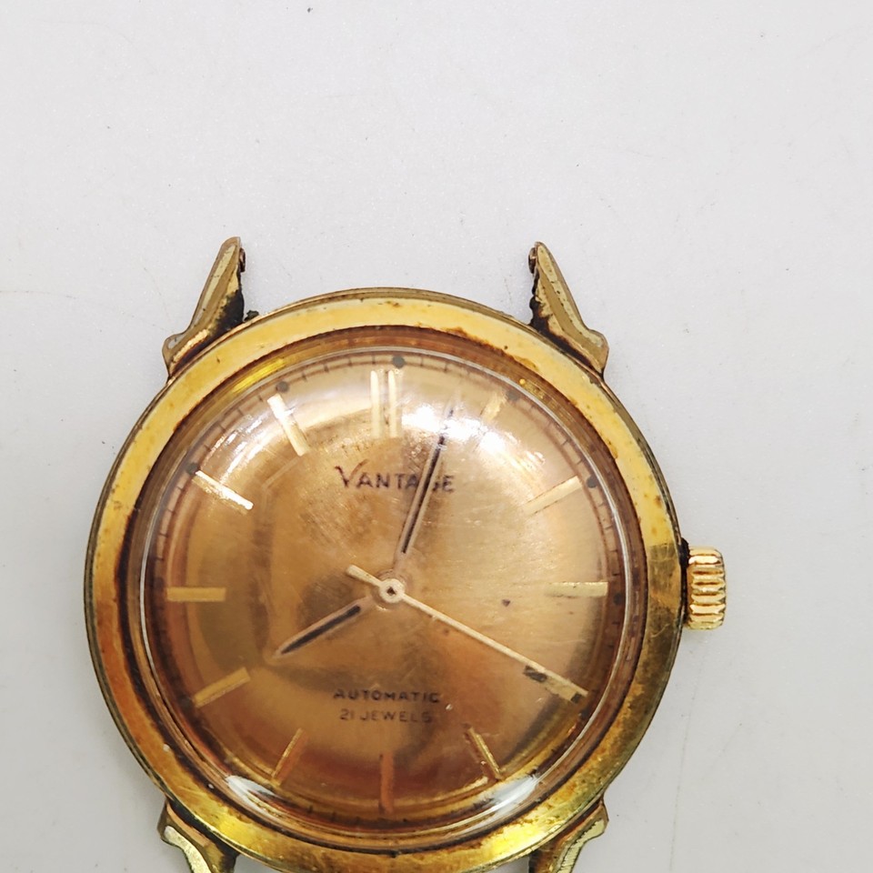 Vtg 1960s Vantage Gold Mirror Dial 21 Jewel Automatic Watch For Restore ...
