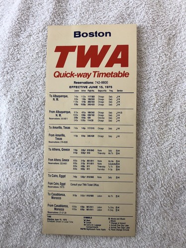 Vintage TWA Boston Quick Way Timetable June 1975 & Ticket Envelope ...