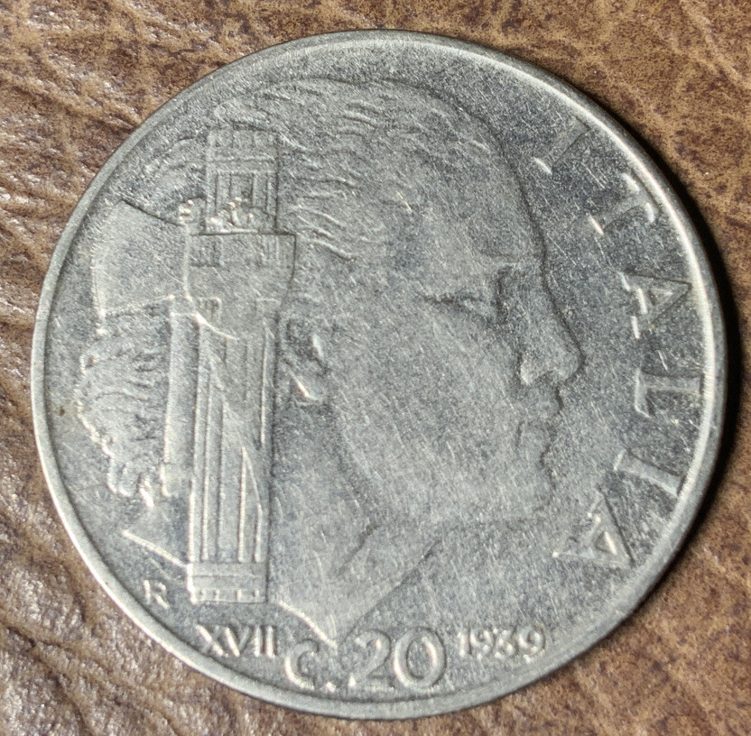 World WarII Coins: 1 - Italian Fascist Mussolini Era 20-centesimi coin ...