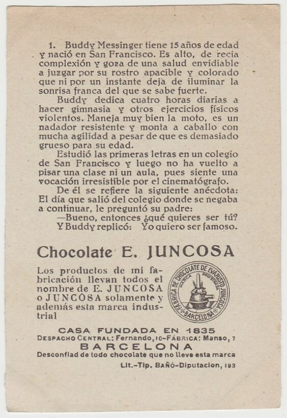 Buddy Messinger 1920s Juncosa PAPER STOCK Trading Card #E-1 Film Star ...