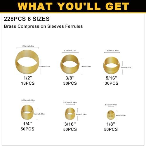 228PCS Brass Compression Sleeves Ferrules for Tube OD 1/2" 3/8" 5/16" 1 ...