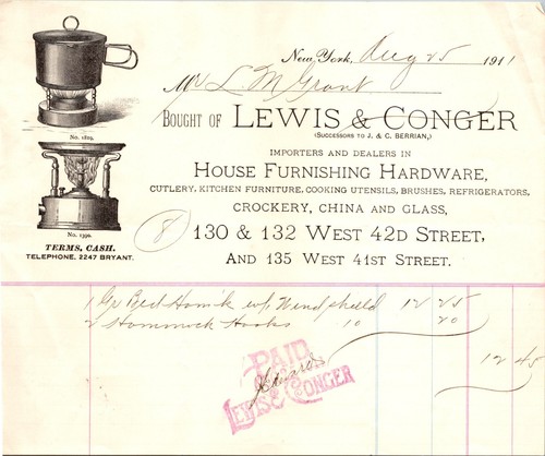 Lewis & Conger New York NY 1911 Graphic Billhead Crockery China & Glass ...