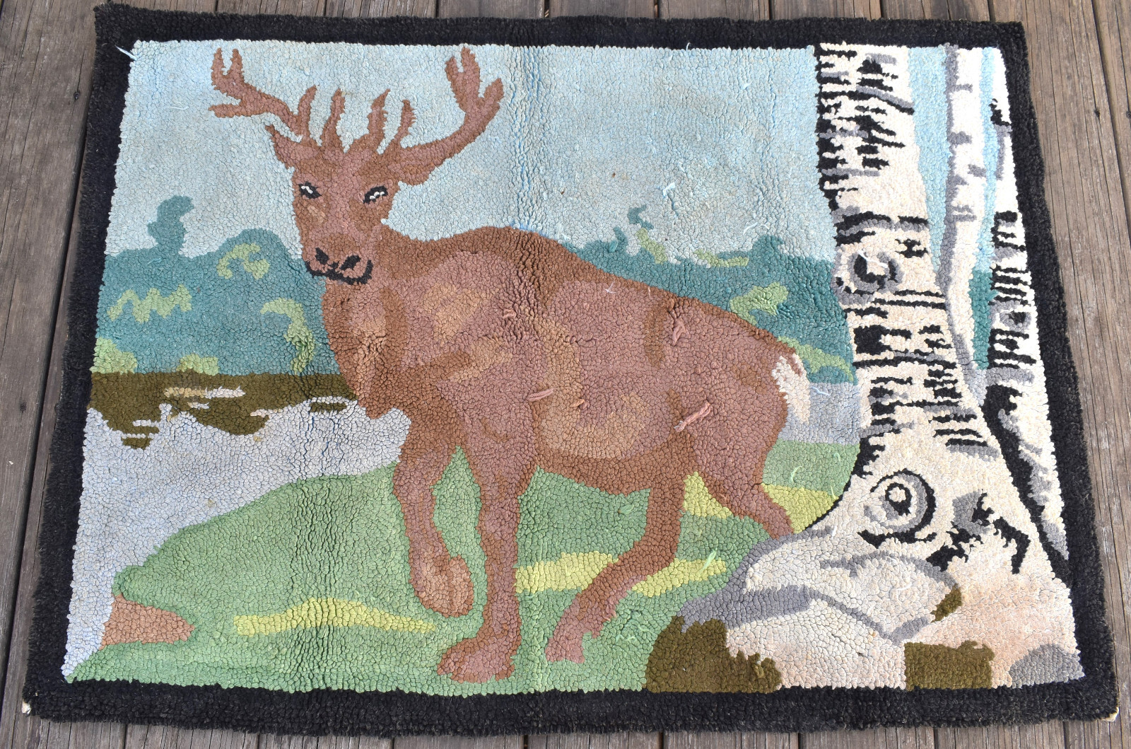 Antique Vintage White Tail Deer Nature Scene Hooked Rug | eBay