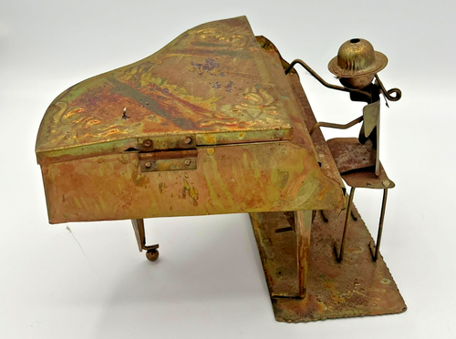 VINTAGE TIN Copper GRAND PIANO WIND-UP MUSIC BOX GIRL PLAYING Music Box ...