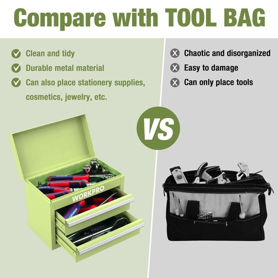 WORKPRO Metal Tool Box 2 Drawer Top Magnetic Locking Storage Portable ...