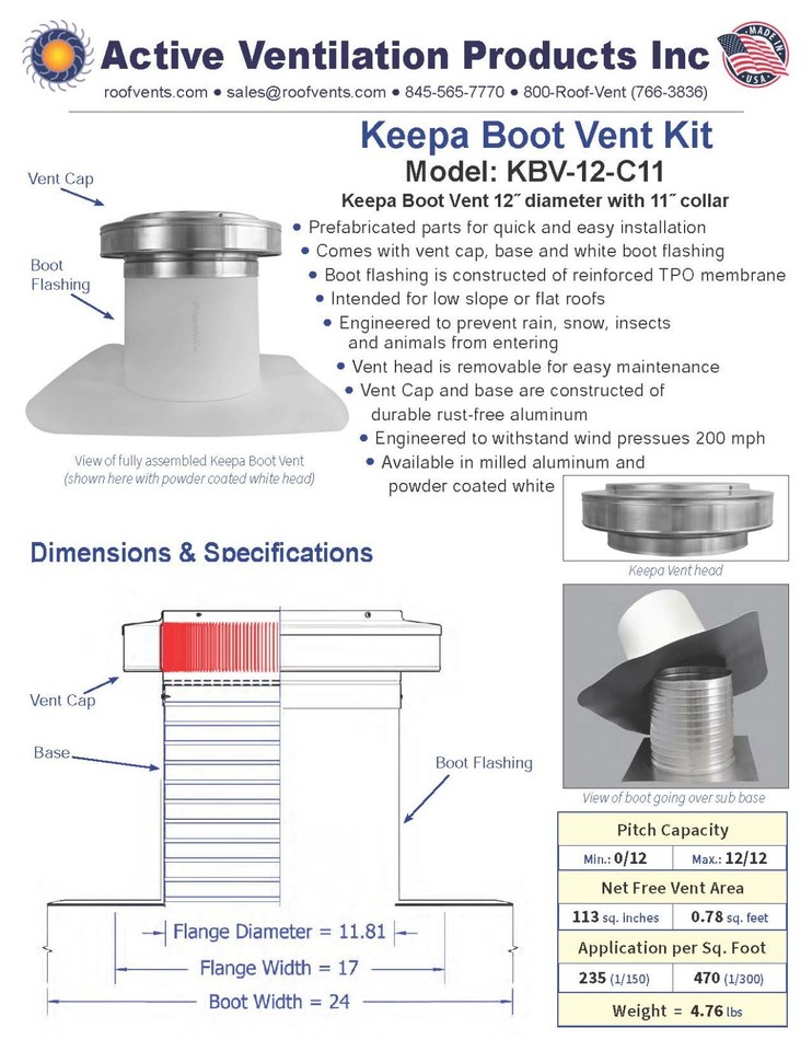 12 In. Dia Aluminum Keepa Roof Vent with 11 In. Collar & FlashCo TPO Boot | eBay