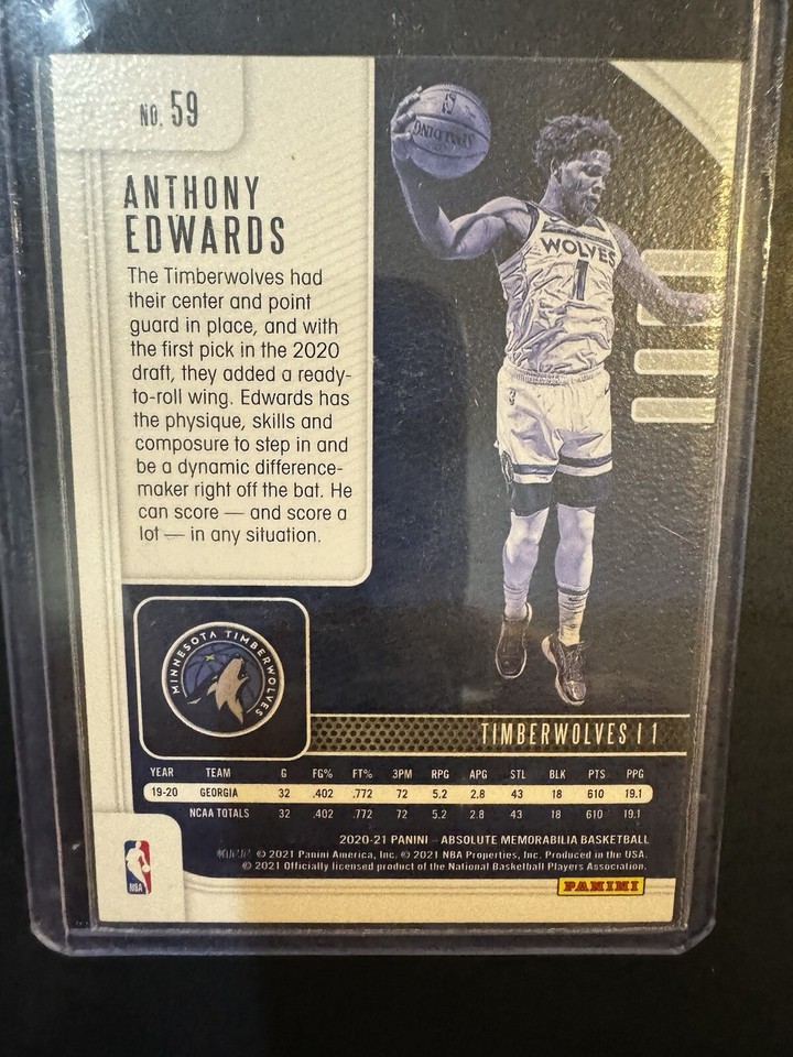 2020-21 Panini Absolute Memorabilia Anthony Edwards RC #59 Timberwolves ...