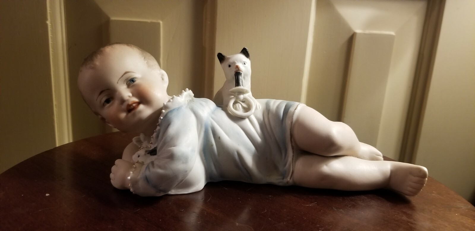 ANTIQUE GERMAN BABY WITH CAT pacifier & RABBIT BISQUE FIGURINE PIANO ...