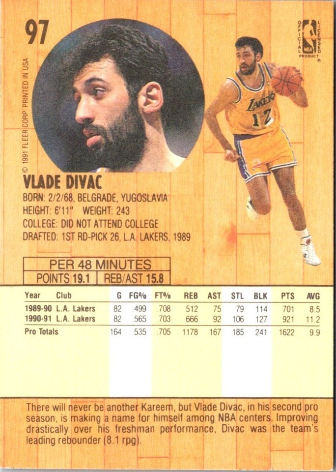 1991 Fleer Vlade Divac #97 Los Angeles Lakers Basketball Card | eBay