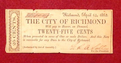 Original Civil War Confederate City of Richmond, Virginia 25 Cent Note ...