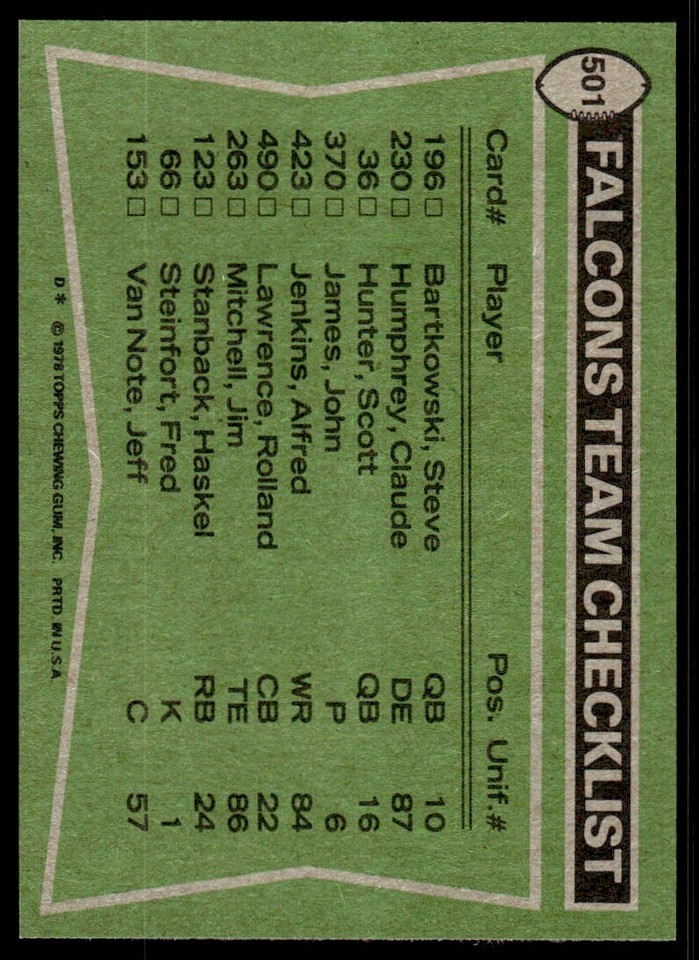 1978 TOPPS HASKAL STANBACK/ALFRED JENKINS/CLAUDE HUMPHREY/JEFF MERROW ...