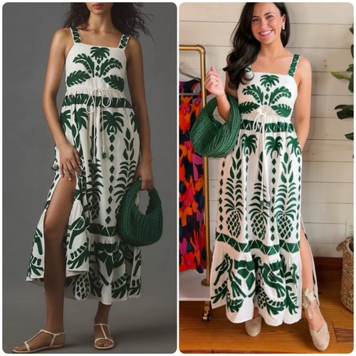 Farm Rio Sleeveless Embroidered Patchwork Midi Dress White And Green Sz ...