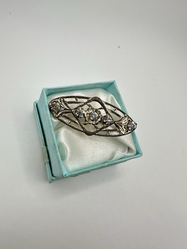 Antique Art Deco Brass Silver Tone Filigree Paste Stone? Brooch C Clasp ...