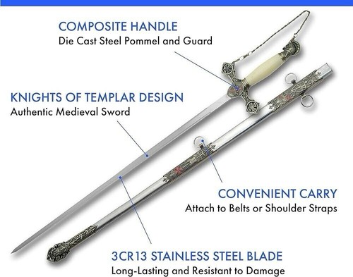 37” Knights Of Templar Crusader Sword Steel Scabbard Ornate Medieval ...