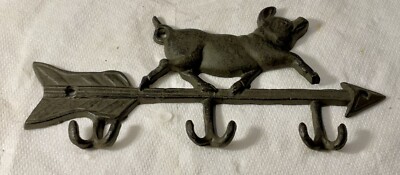 Cast Iron Pig Hog On Arrow Wall Hook With 3 Double Hooks | eBay