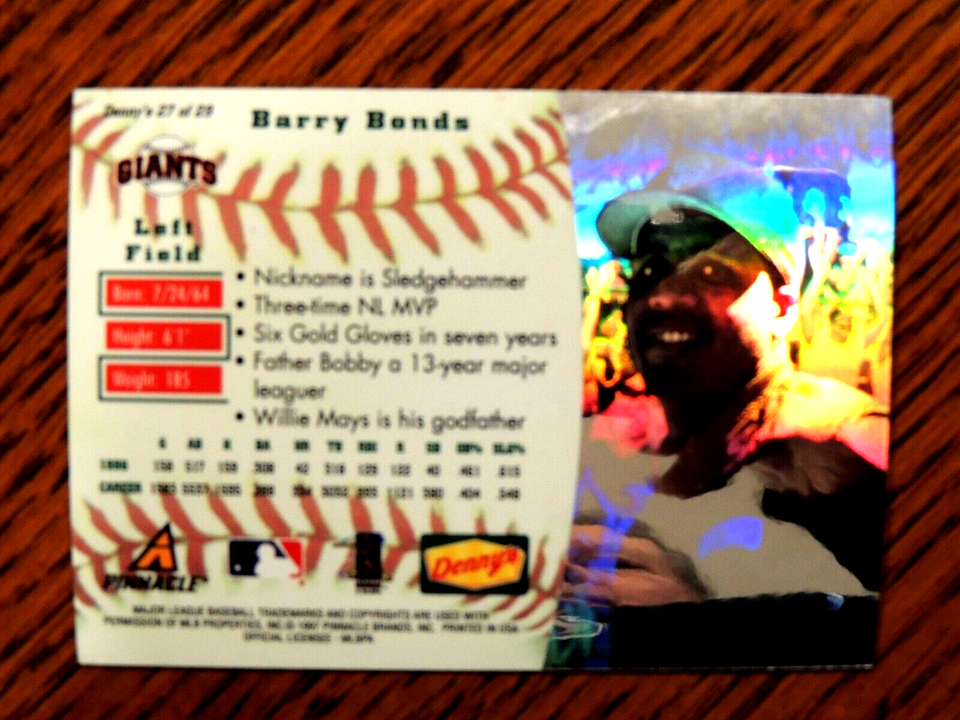 BARRY BONDS 1997 PINNACLE DENNY'S 3D HOLOGRAPHIC CARD #27 GIANTS HR ...
