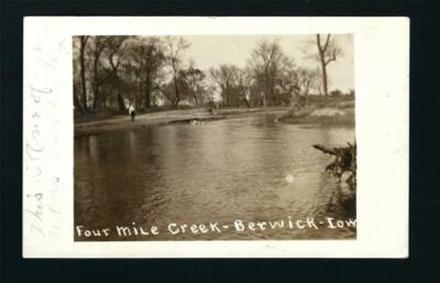 Berwick Iowa IA c1911 RPPC Man on Beach, Tree Lined Four Mile Creek ...
