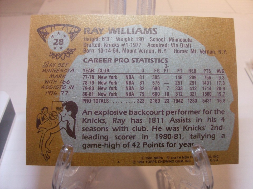 1981-82 Topps Basketball Card #28 - Ray Williams - New York Knicks ...