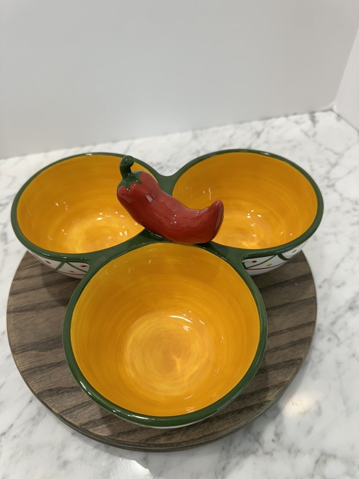 Clay Art Chili Peppers Salsa Dip 3 Part Condiment Server w/ Pepper ...