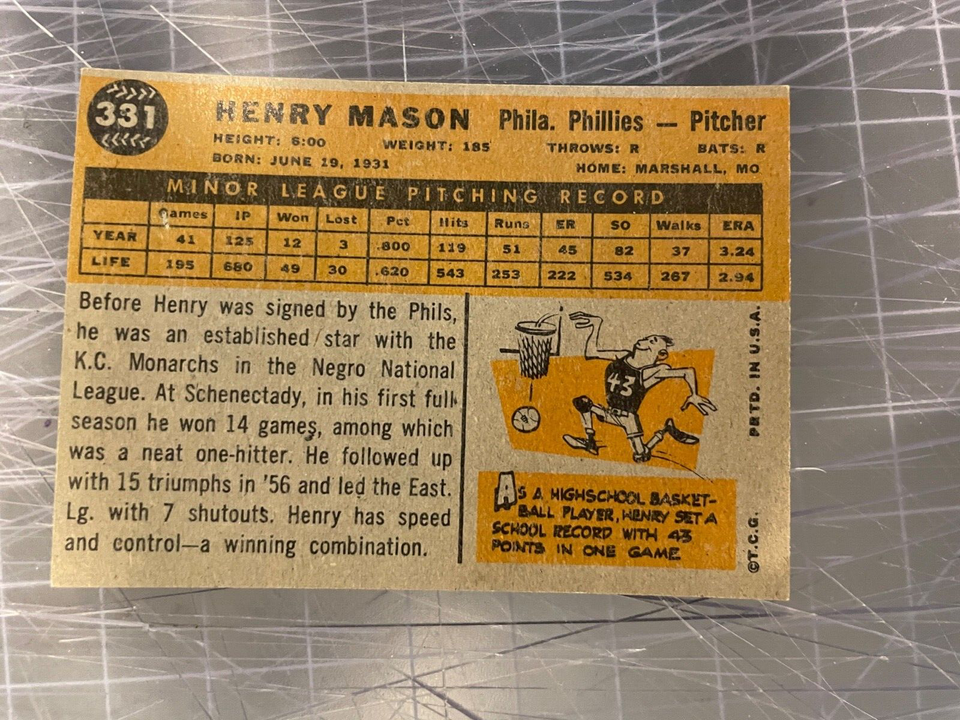 1960 TOPPS #331 HENRY MASON PHILADELPHIA PHILLIES BASEBALL CARD NM/MT ...