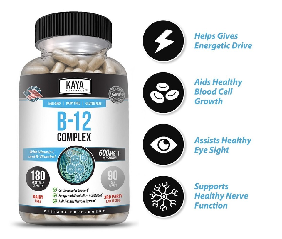 B-12 Complex 180ct Vitamin B2 B6 B12 & C Biotin Inositol Folate Choline ...
