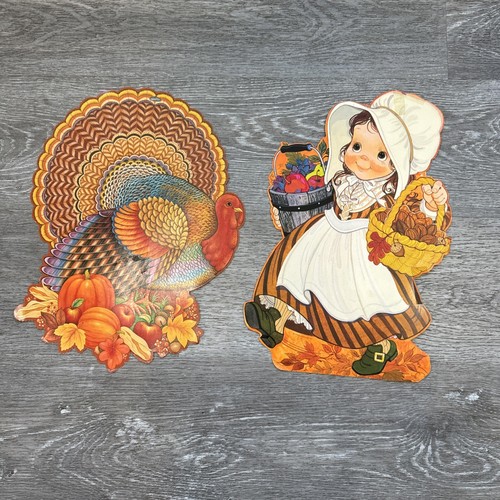 2 Vintage Hallmark Thanksgiving Die Cut Decor Double Sided Pilgrim Girl ...