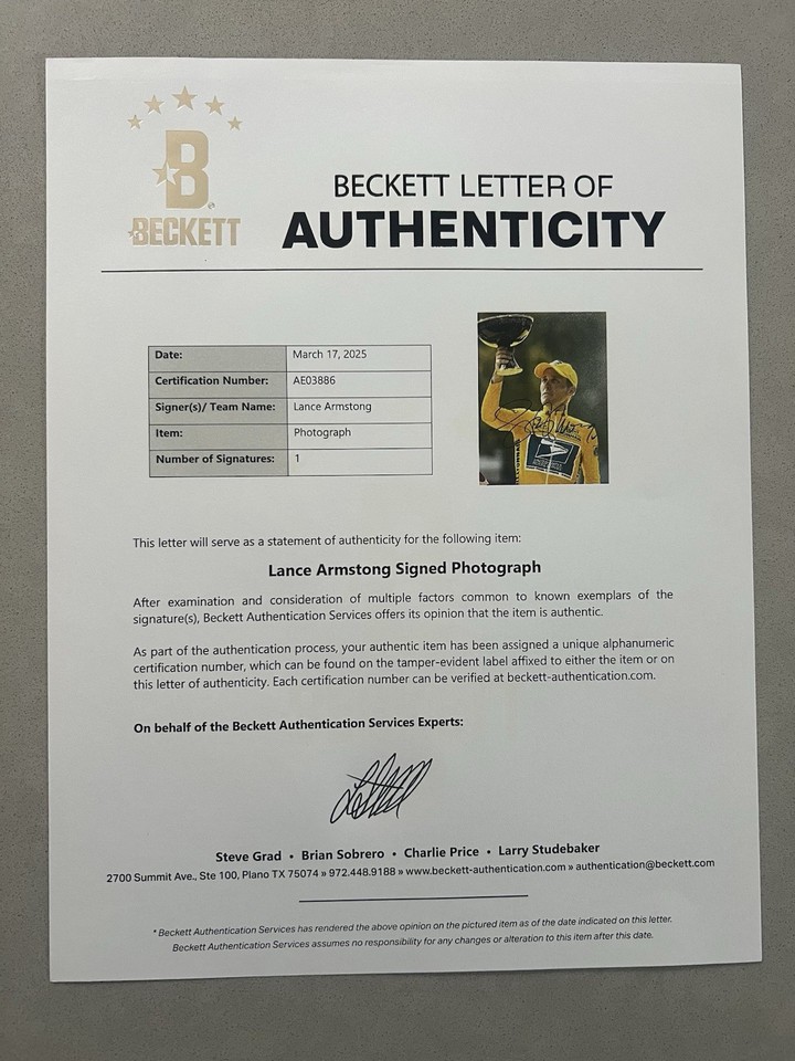 Lance Armstrong autographed signed 8x10 photo Beckett BAS COA Tour De ...