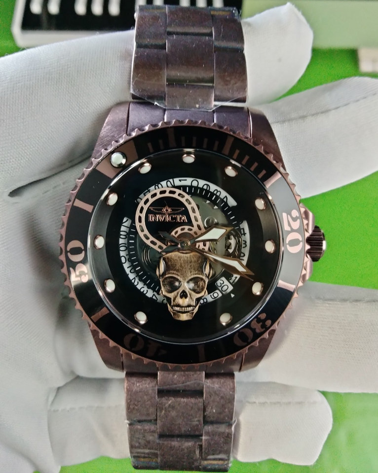 Invicta Pro Diver Brown SS Skull Head Skeleton Dial Automatic Men Watch ...