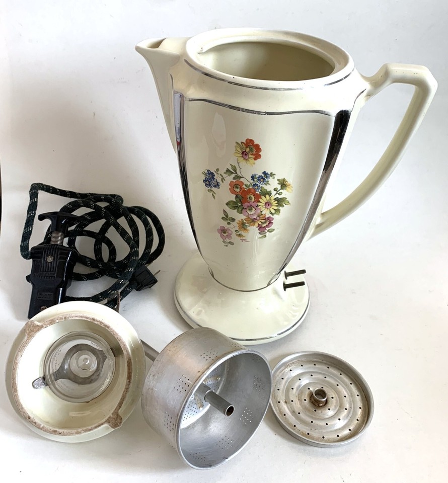 Vtg PORCELIER Porcelain Percolator Coffee Pot Floral Uranium Glaze ...