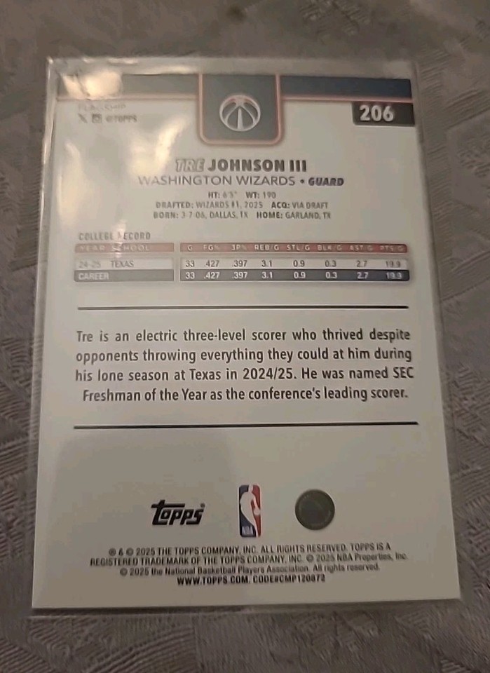 2025 Topps Basketball Tre Johnson III Diamante Rookie #206 Wizards RC ...